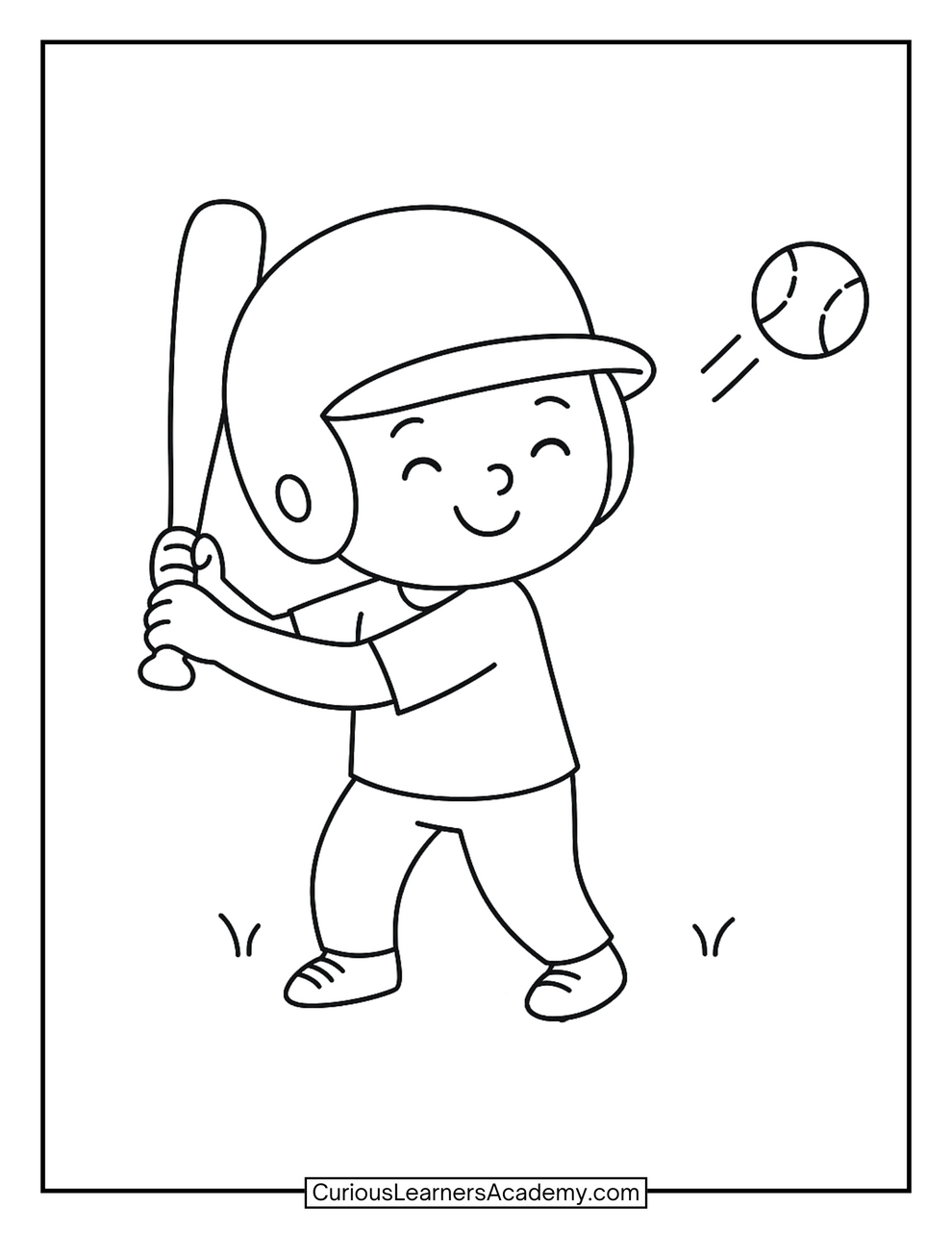 Free Baseball Coloring Page – Little Slugger at Bat for Kids – Curious ...