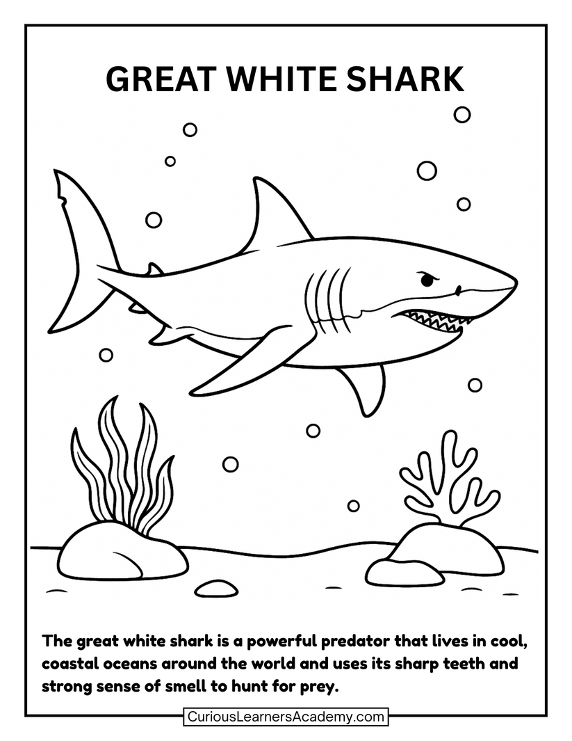Free Great White Shark Coloring Page | Ocean Predator Science Printabl ...