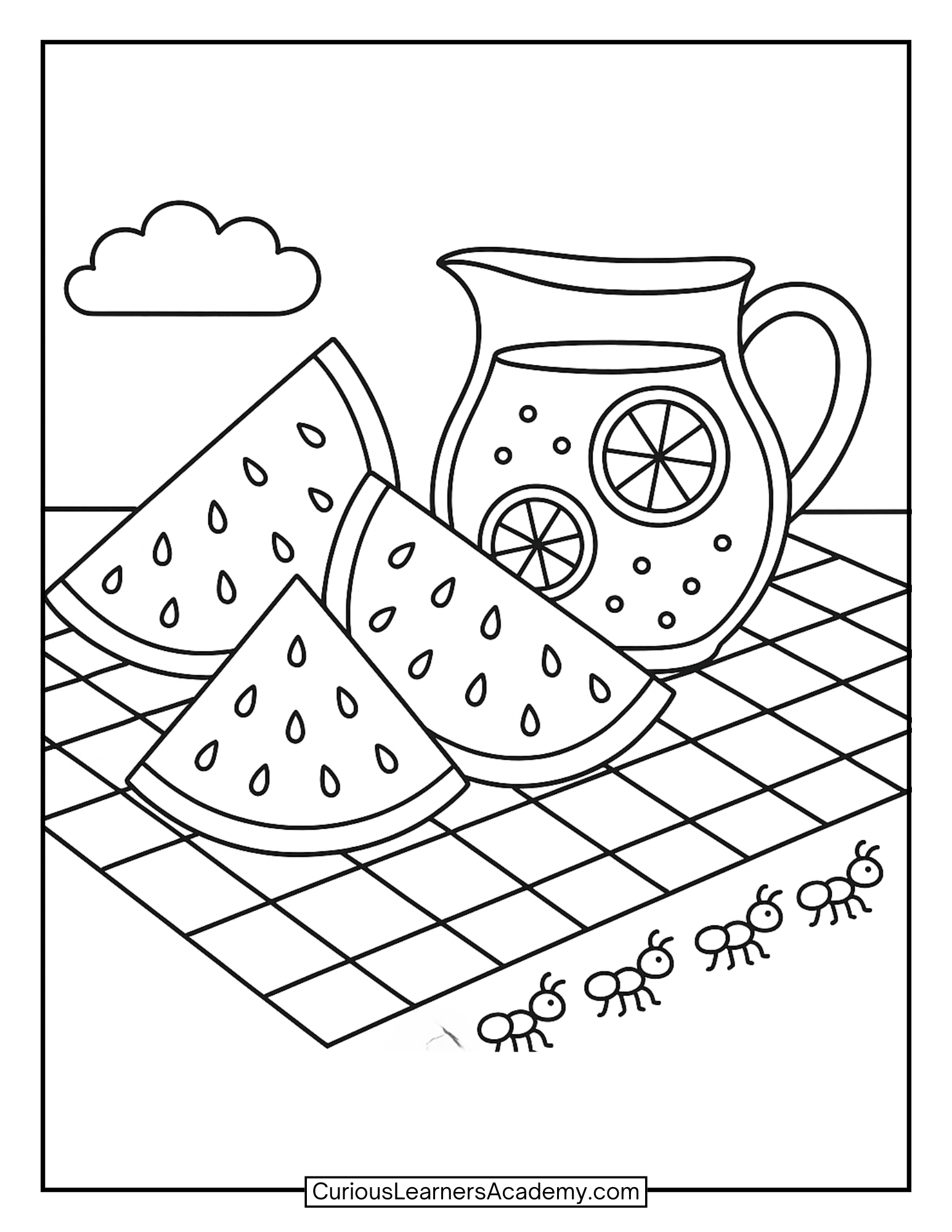 Free Summer Picnic Coloring Page – Watermelon, Ants & Lemonade Scene f ...